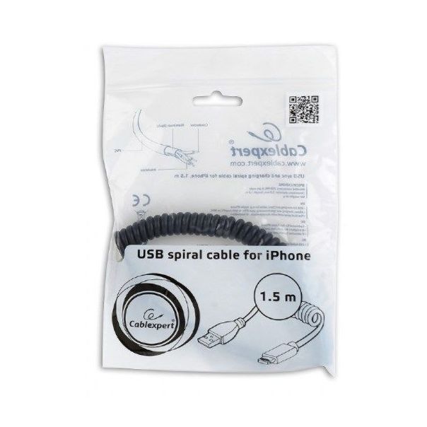 GEMBIRD CC-LMAM-1.5M USB sync and charging spiral cable for iPhone, 1.5 m, black