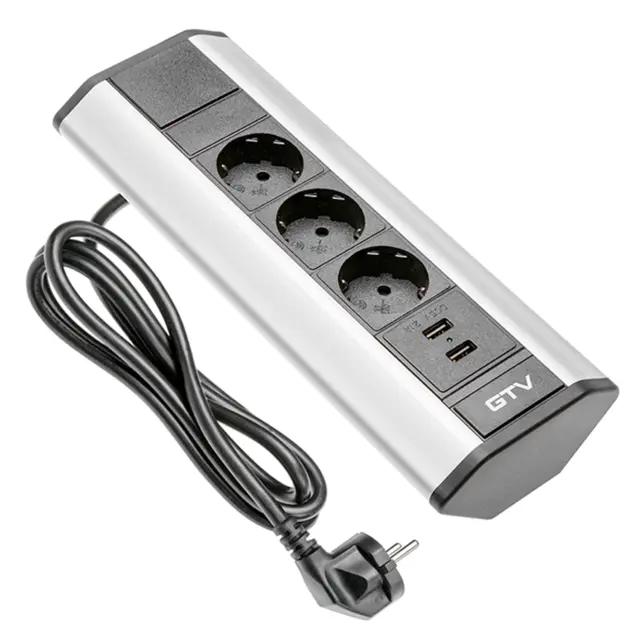 GTV Ugaona utičnica 2x usb 1.5m alu crno-bela