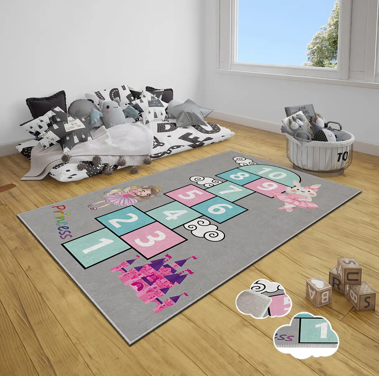 MEY HOME Tepih za dečiju sobu sa motivom igre školice 3D CRPS-206 sivi