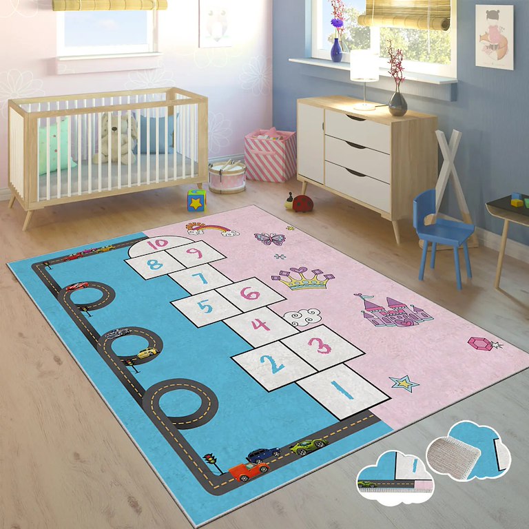 MEY HOME Tepih za dečiju sobu sa motivom igre školice 3D MYS-33 plavo-roze