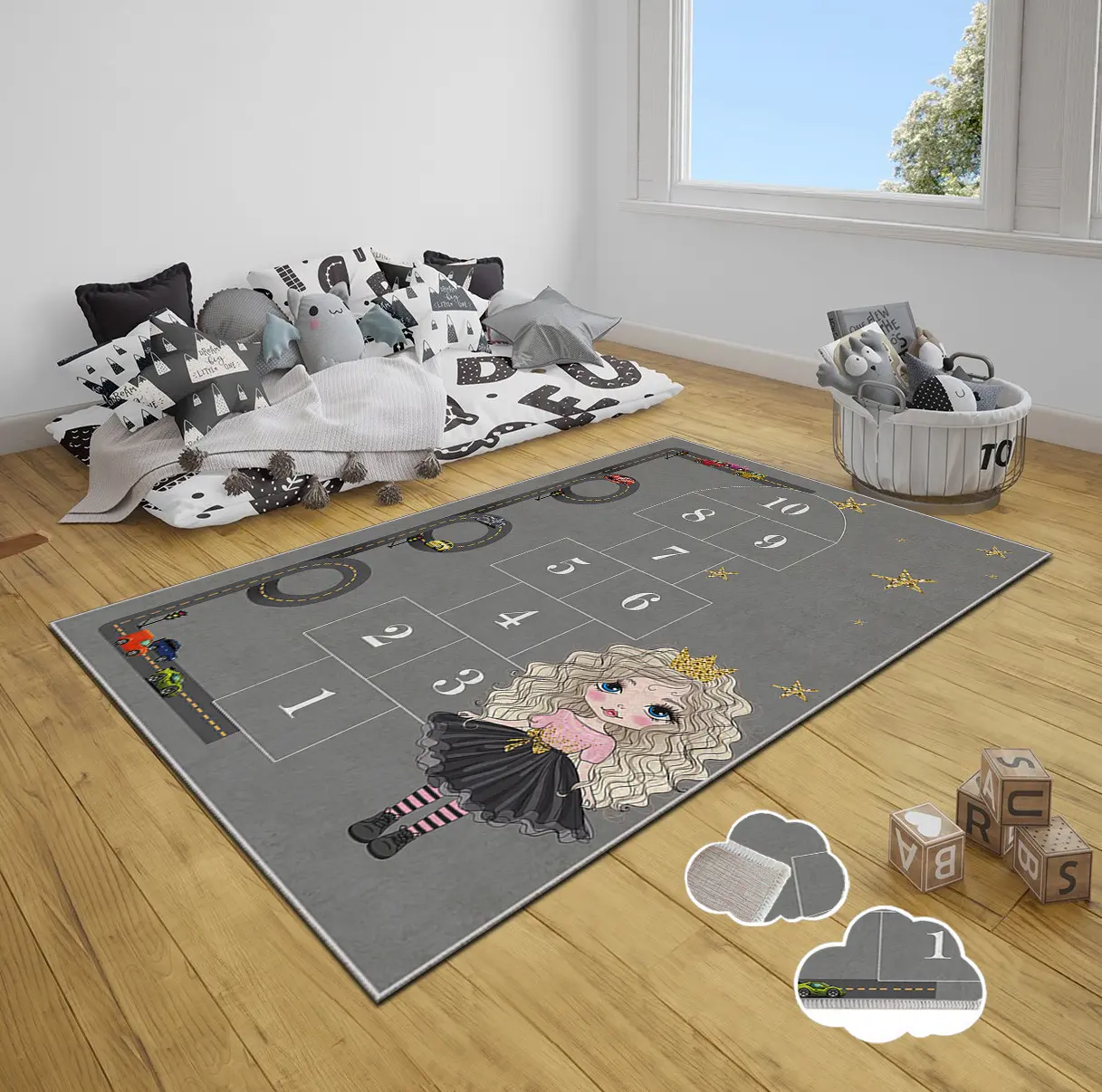 MEY HOME Tepih za dečiju sobu sa motivom igre školice i devojčice 3D CRPS-214 sivi