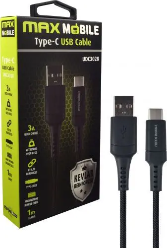 MAX MOBILE Data kabl USB 2.0 TYPE C UDC3028 KEVLAR BLACK QC 3A 1m