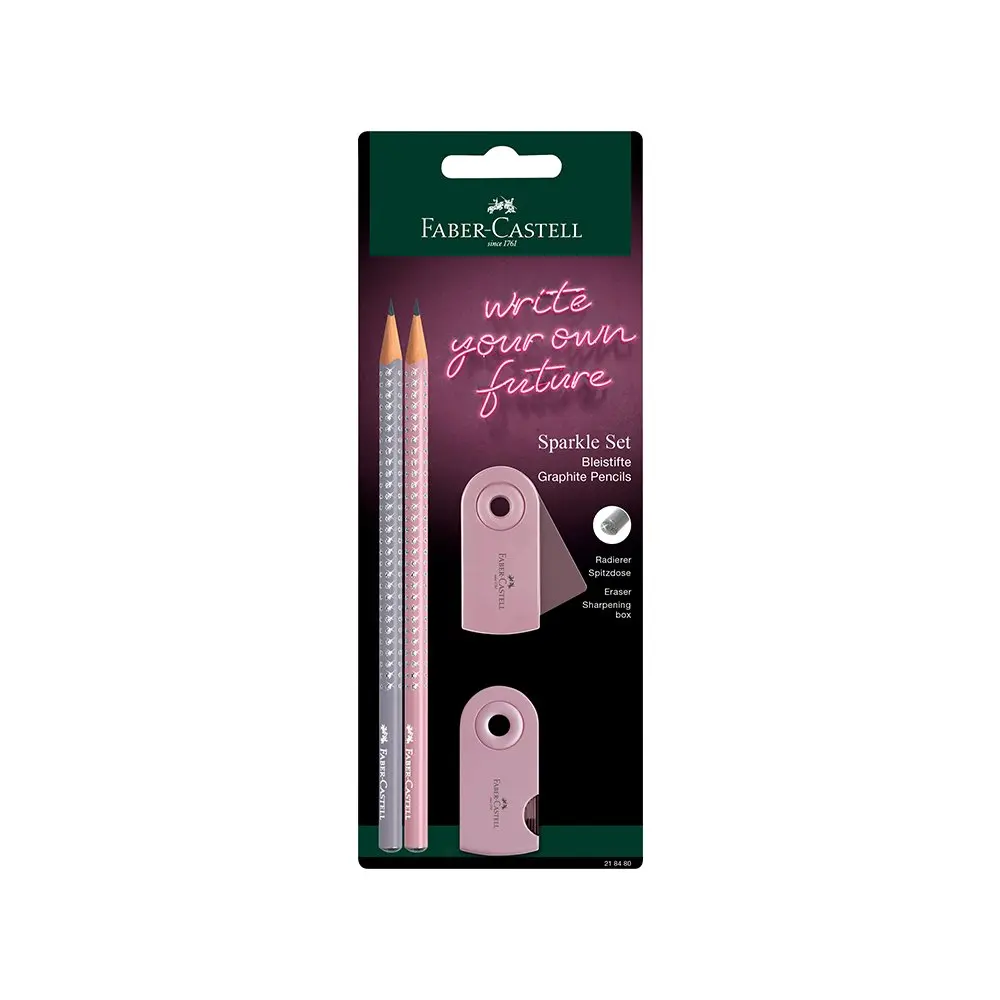 FABER CASTELL Set dve grafitne olovke Sparkle Polyblister + rezač + gumica roze
