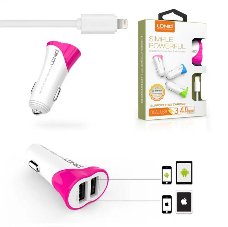 LDNIO Auto punjač C332 dual USB 3.4A sa iPhone lightning kablom roze