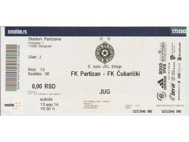 FUDBAL: PARTIZAN - CUKARICKI 13.09.2014