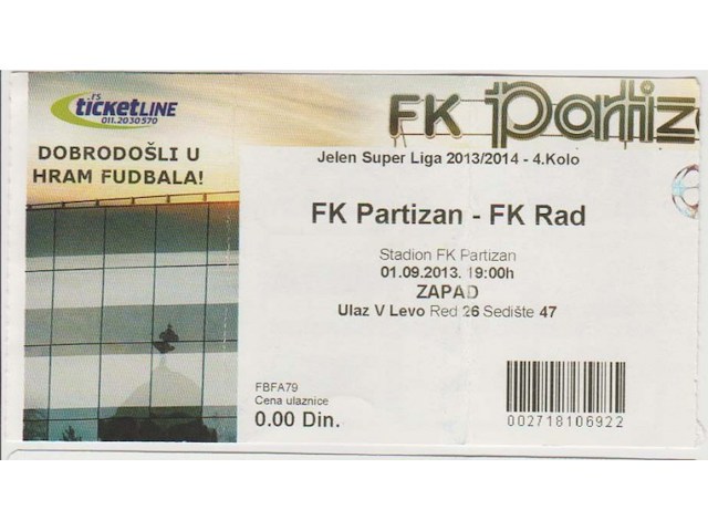 FUDBAL: PARTIZAN - RAD 01.09.2013