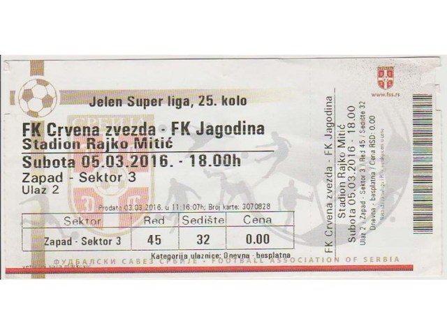 FUDBAL: CRVENA ZVEZDA - JAGODINA 05.03.2016