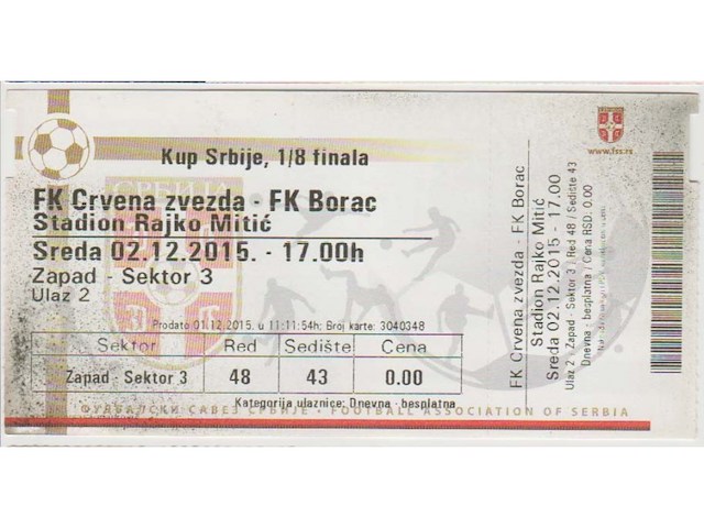 FUDBAL: CRVENA ZVEZDA - BORAC (Cacak) 02.12.2015