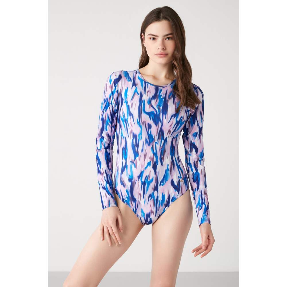 Babe Colorful Patterned Long Sleeve Swimsuit
