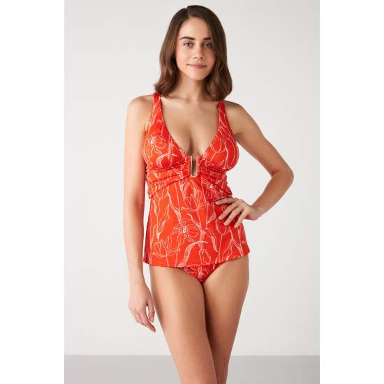 Red Tulip Patterned Accessory Detail Tankini