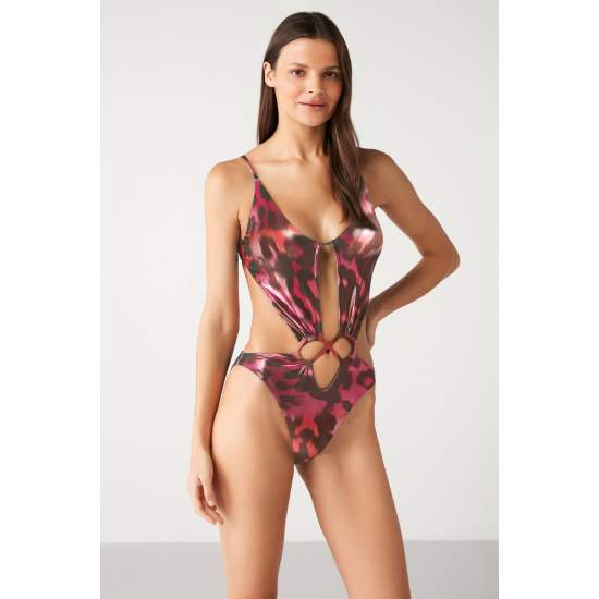 Hijau Leopard Pattern Shiny Fabric Swimsuit