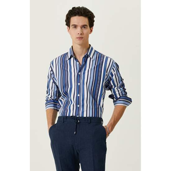 Navy Blue White Striped Shirt