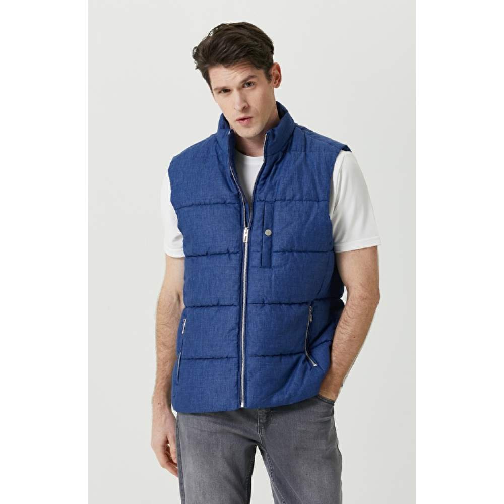 Indigo Stand Collar Casual Linen Vest