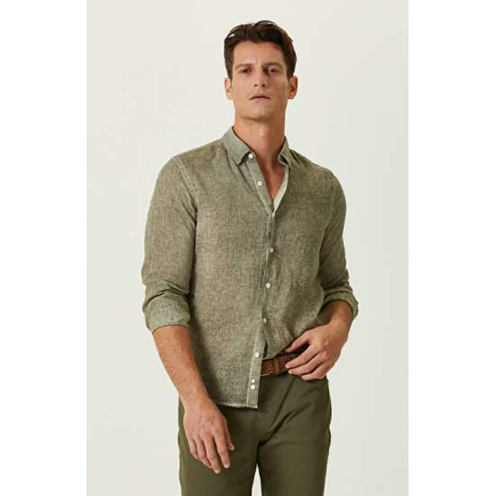 Khaki Long Sleeve Linen Shirt