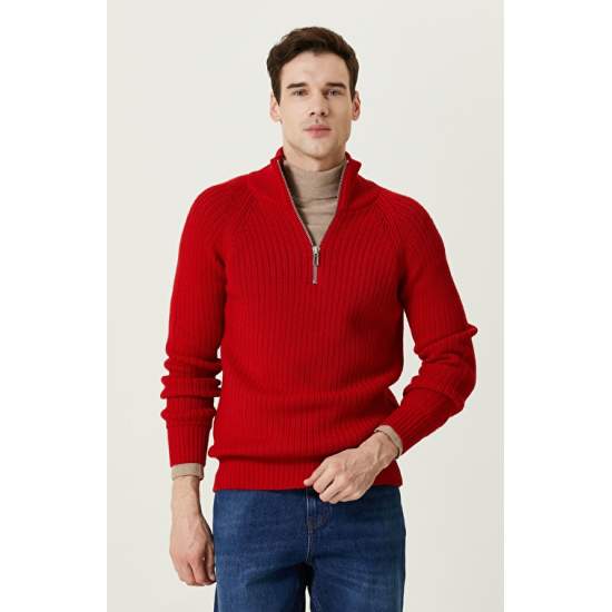 Zippered Stand Up Collar Red Knitwear Sweater