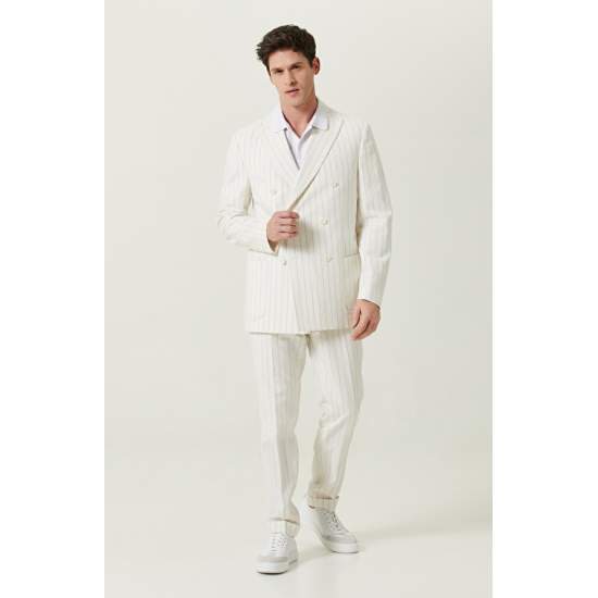 Ecru Striped Double Breasted Suit
