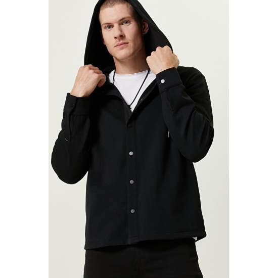 Diagonal Patterned Hooded Collar Black Outer Shirt