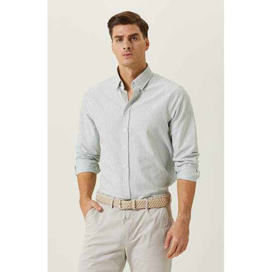 Green-White Striped Long Sleeve Shirt