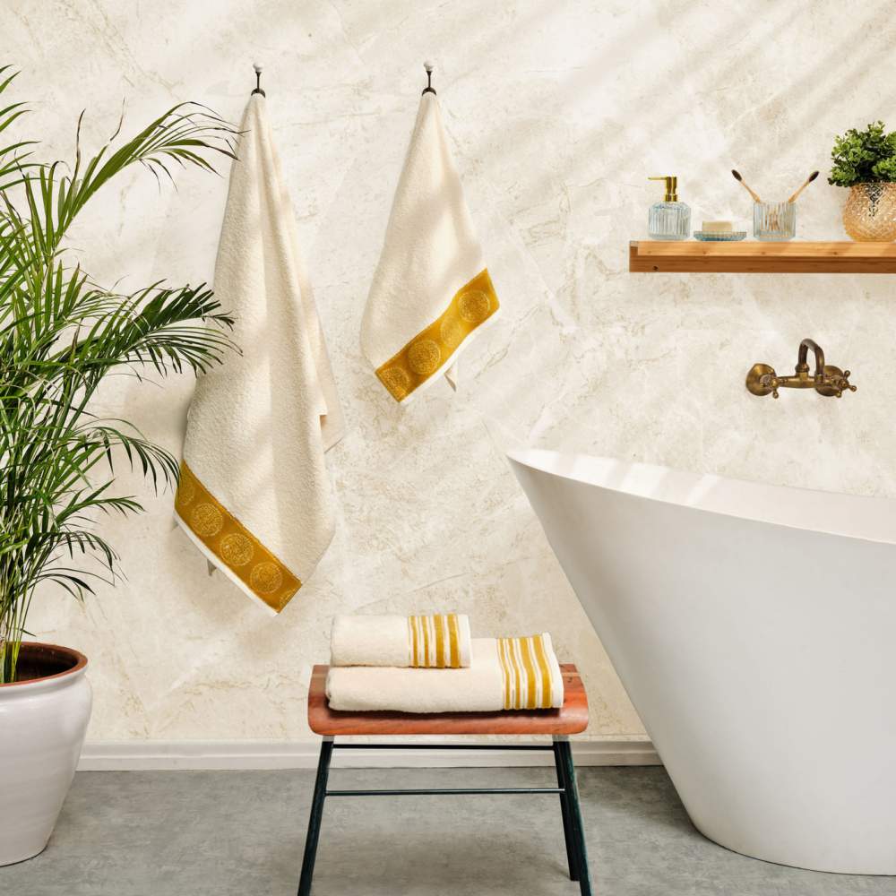 Karaca Home Minka Sonil 100% Cotton Bath/Face Towel Bath Set Off White Gold