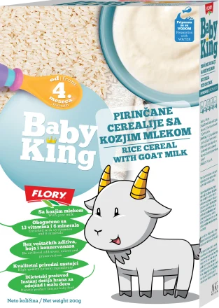 Baby King
PIRINČANE CEREALIJE SA KOZIJIM MLEKOM, od 4. meseca, 200 g
Prelazna hrana