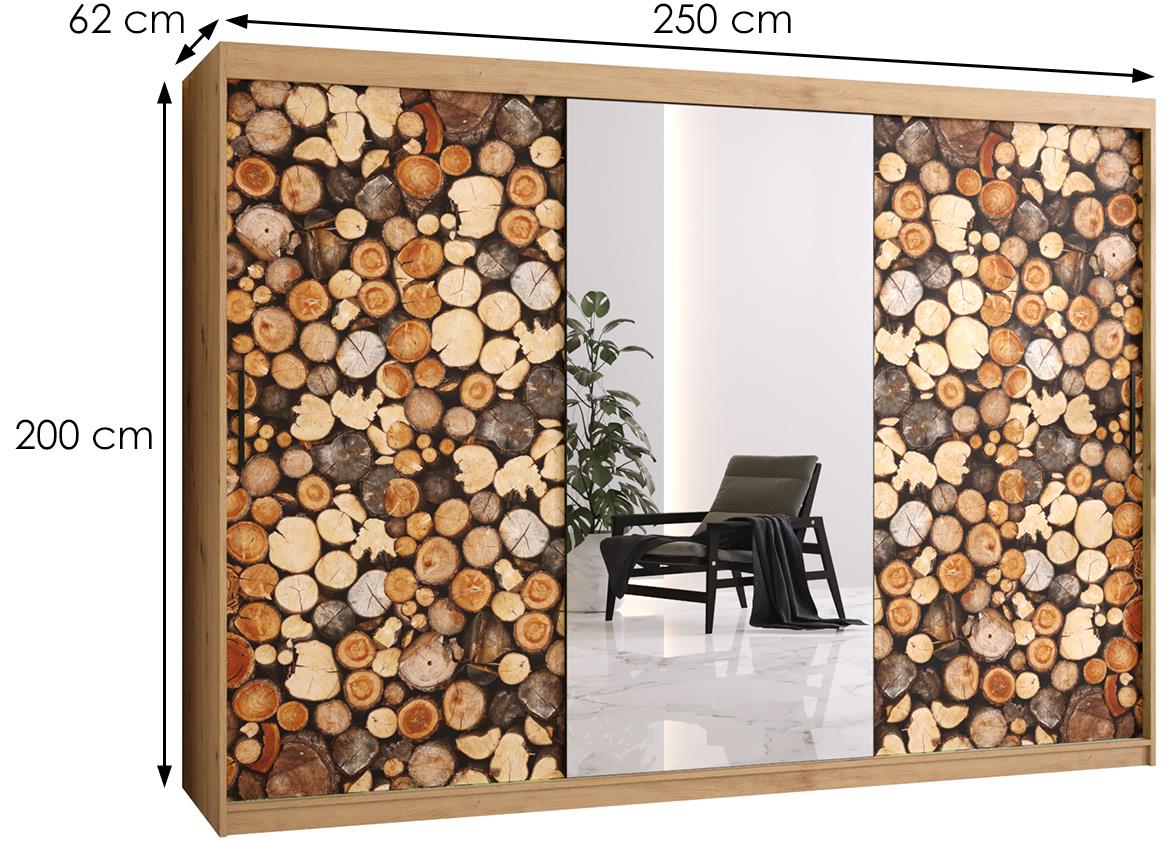 Country 2 klizni ormar 3 vrata/ogledalo 250x62x200 cm crni/natur (artisan hrast)/motiv drva