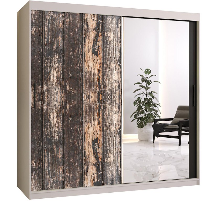 Rustic II klizni ormar 2 vrata/ogledalo 180x62x200 cm rustik drvo/crno/beli