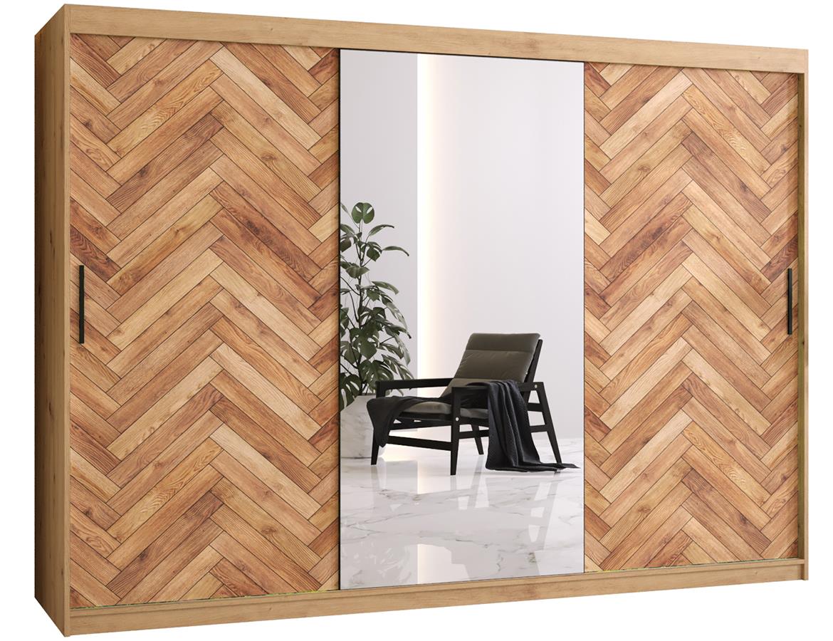 Herringbone 2 klizni ormar 3 vrata/ogledalo 250x62x200 cm crni/natur (artisan hrast)