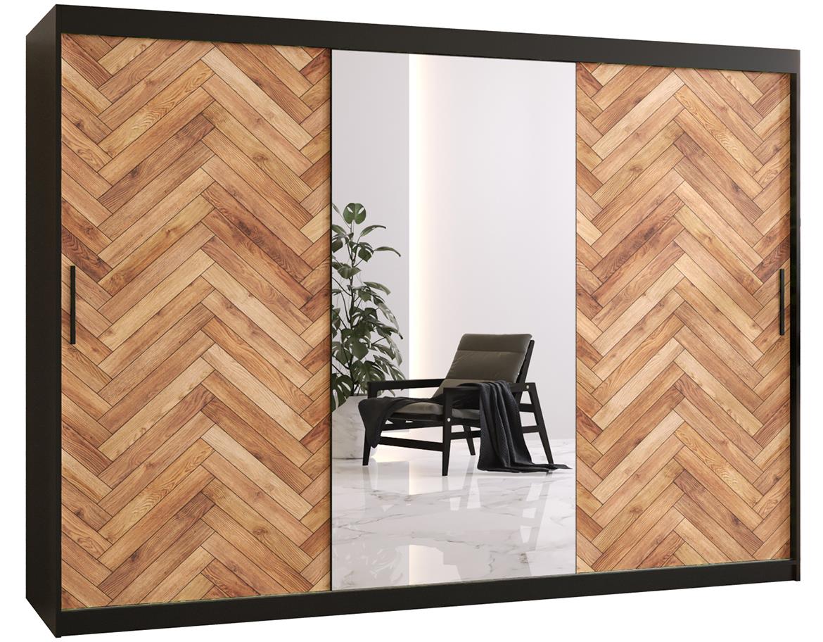 Herringbone 2 klizni ormar 3 vrata/ogledalo 250x62x200 cm crni/natur