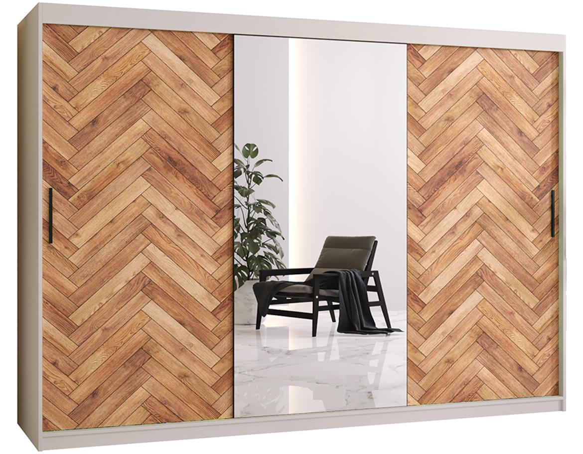 Herringbone 2 klizni ormar 3 vrata/ogledalo 250x62x200 cm crno/beli/natur