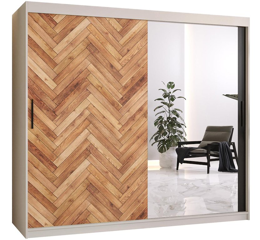 Herringbone 2 klizni ormar 2 vrata/ogledalo 200x62x200 cm crno/beli/natur