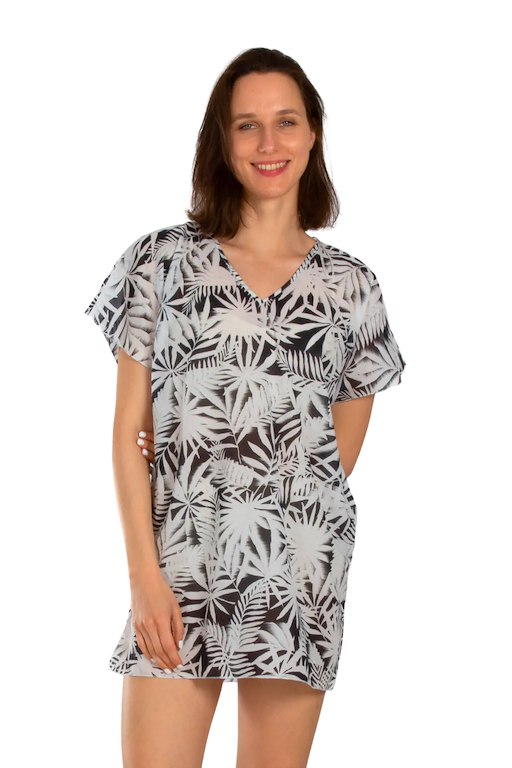 AKER Kaftan za plažu Leaf belo-crni