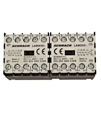 Mikro kontaktorska kombinacija promene smera 2.2kW | 24V AC
mehanička blokada, sa N/O, Nazivna struja 5A, Napon špulne AC 24V