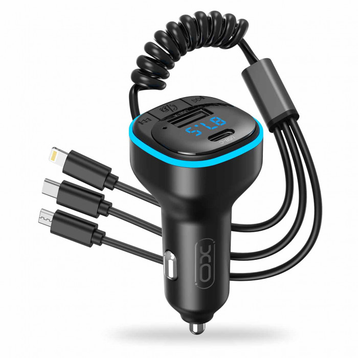 TRANSMITER XO BCC07 SMART BLUETOOTH MP3 CAR CHARGER + ONE DRAG THREE DATA CABLE 5V3.1A WITH AMBIENT LIGHT