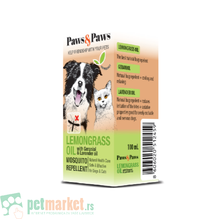 Paws and Paws: Sredstvo protiv komaraca za pse i mačke Lemongrass Oil, 100 ml