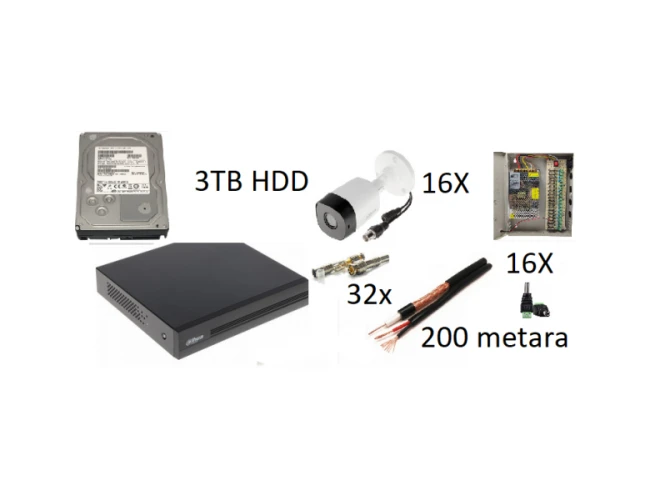 Dahua (DVR 16CH+ 16X HAC-B1A21-0360B) digitalni video snimač 8 kanala set 1 kamera 2Mpix+3TB HDD+kabl koaksialni 200m