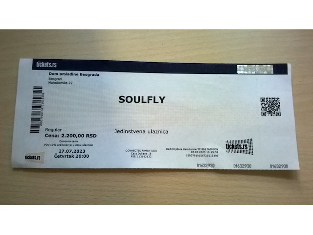 Ulaznica SOULFLY 27.07.2023.