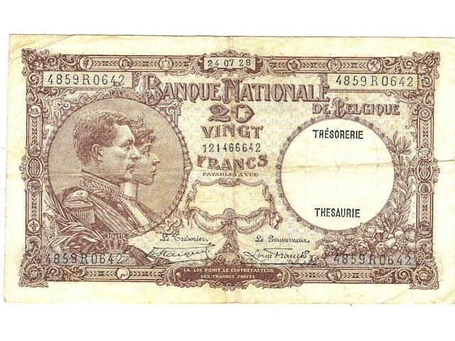 Belgija 20 francs 24.7.1928