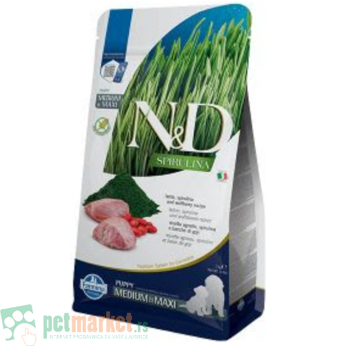 N&D Spirulina: Hrana za štence srednjih i velikih rasa Medimu/Maxi Puppy Jagnjetina, 7 kg