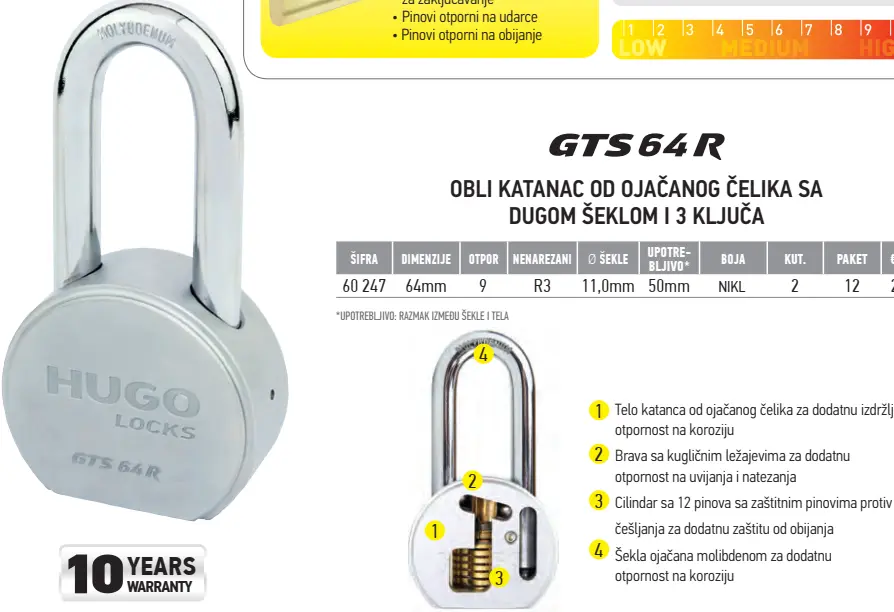 HUGO LOCKS Obli katanac od ojačanog čelika gts 64r