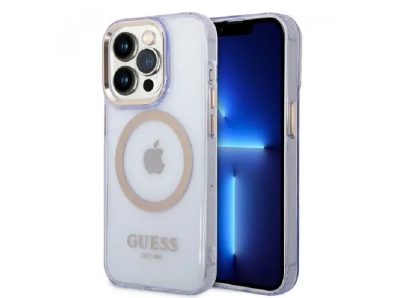 GUESS MASKA ZA IPHONE 14 PRO GOLD OUTLINE TRANSLUCENT PURPLE MAGSAFE