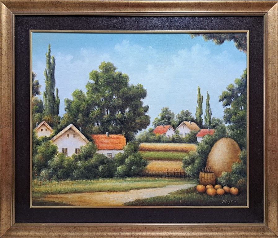 Tečin salaš, Sava Stojkov, sa 87×102 cm, bez 65×80 cm. ulje na platnu, sertifikat, stari ram, 3000 evra