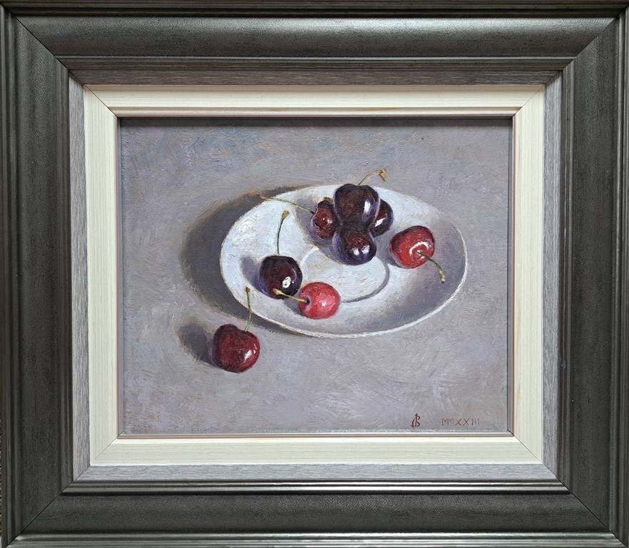 Trešnje-zapis, profesor Vasa Dolovački, 2023., ulje na platnu kaširano na lesonitu, sa 50×58 cm, bez 31×39 cm, sertifikat, 700 eura