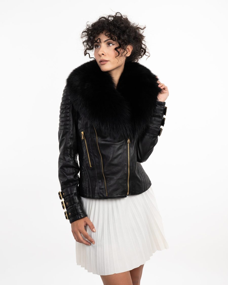 Ženska kožna jakna sa krznom – Mila – Crna, crno krzno