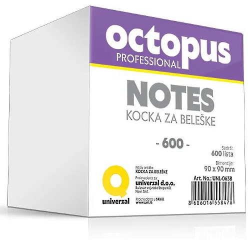 Kocka papir za beleške 9x9cm 600 lista beli Octopus UNL-0638 78348