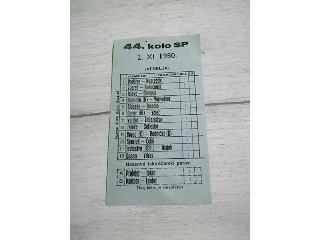 Sportska prognoza 44. kolo 2. XI 1980. - Prazan