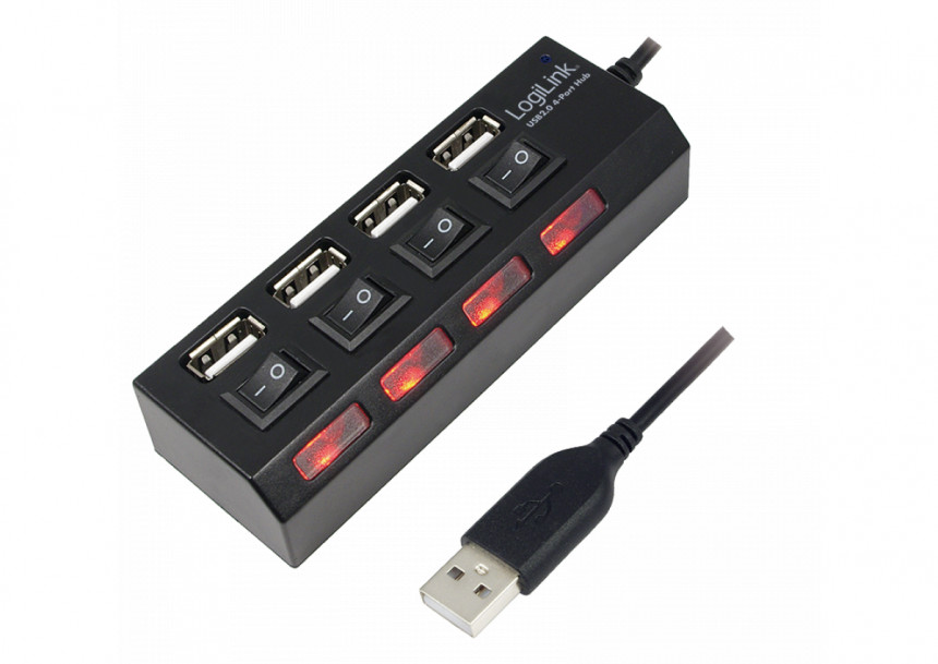 Logilink USB 2.0 HUB, 4-port, On/Off, crni sa napajanjem