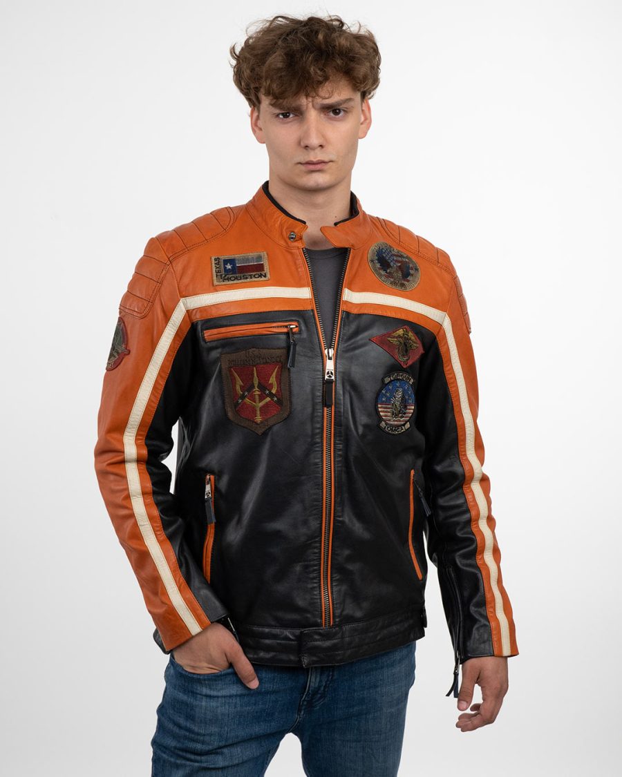 Muška kožna jakna – Top Gun-1005 – Crna-narandžasta