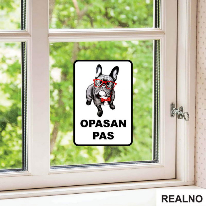 Opasan Pas - Francuski Buldog Sa Crvenim Naočarima - Nalepnica