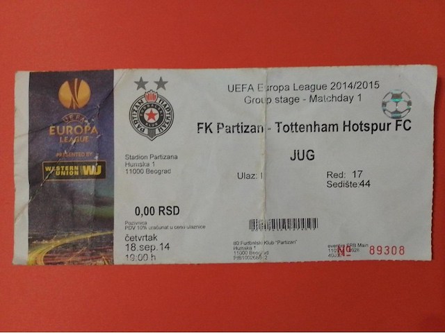 ULAZNICA FK PARTIZAN -TOTTENHAM HOTSPUR FC  2014/2015