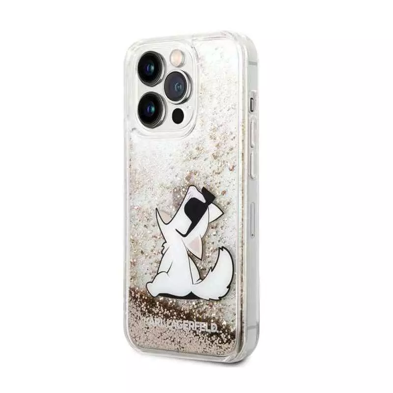 Maska Karl Lagerfeld Hc Liquid Glitter Choupette za iPhone 14 Pro 6.1 zlatna KLHCP14LGCFD